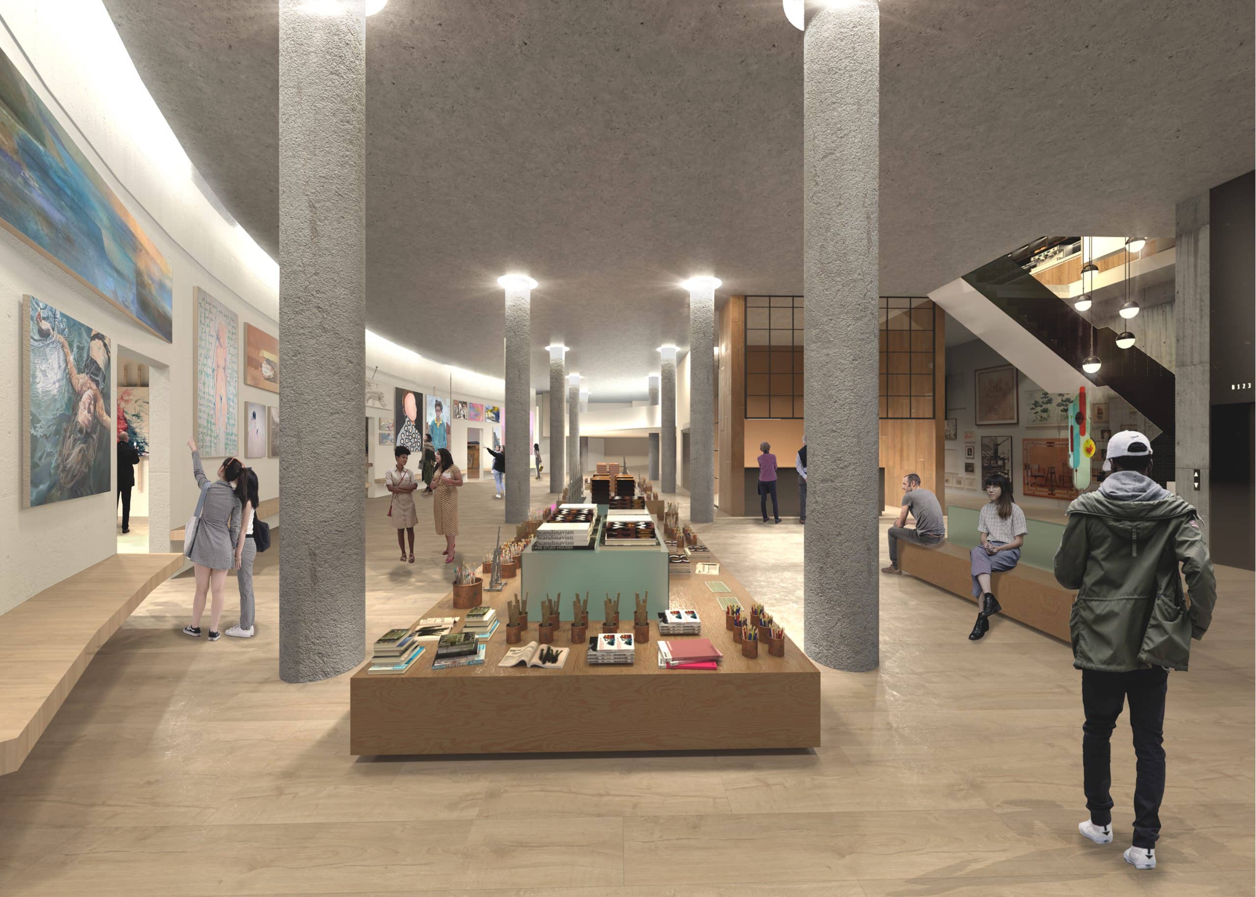 Bankside campus render Basement Gallery white curved wall - Art Academy